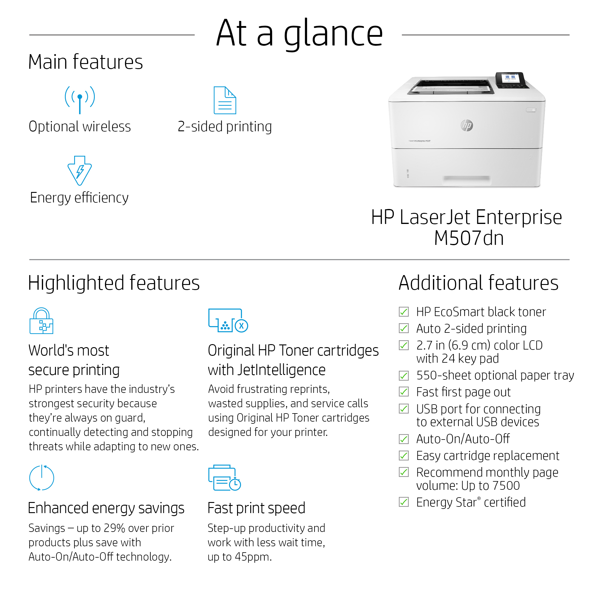 HP LaserJet Enterprise M507dn, Print, Two-sided printing, 87 in ...