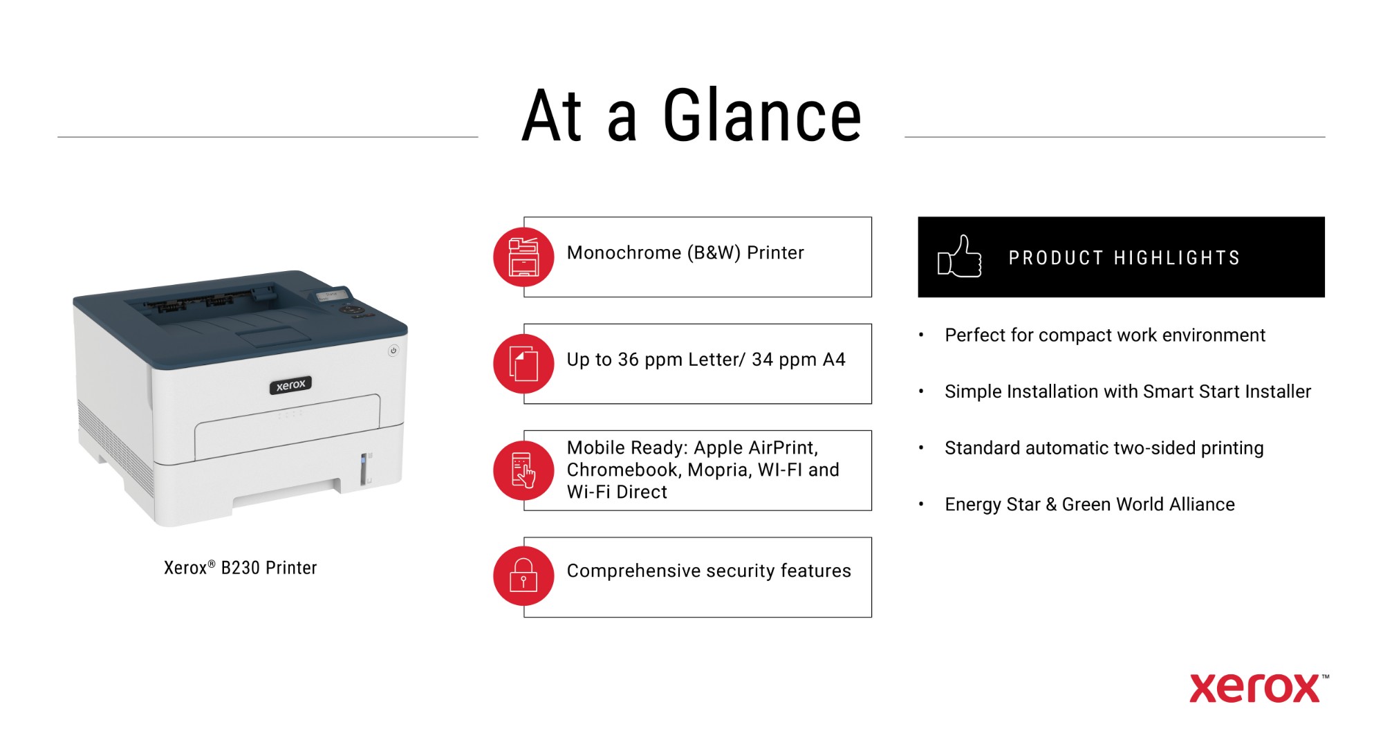 Xerox B230 Printer, Black and White Laser, Wireless, 5 in distributor ...