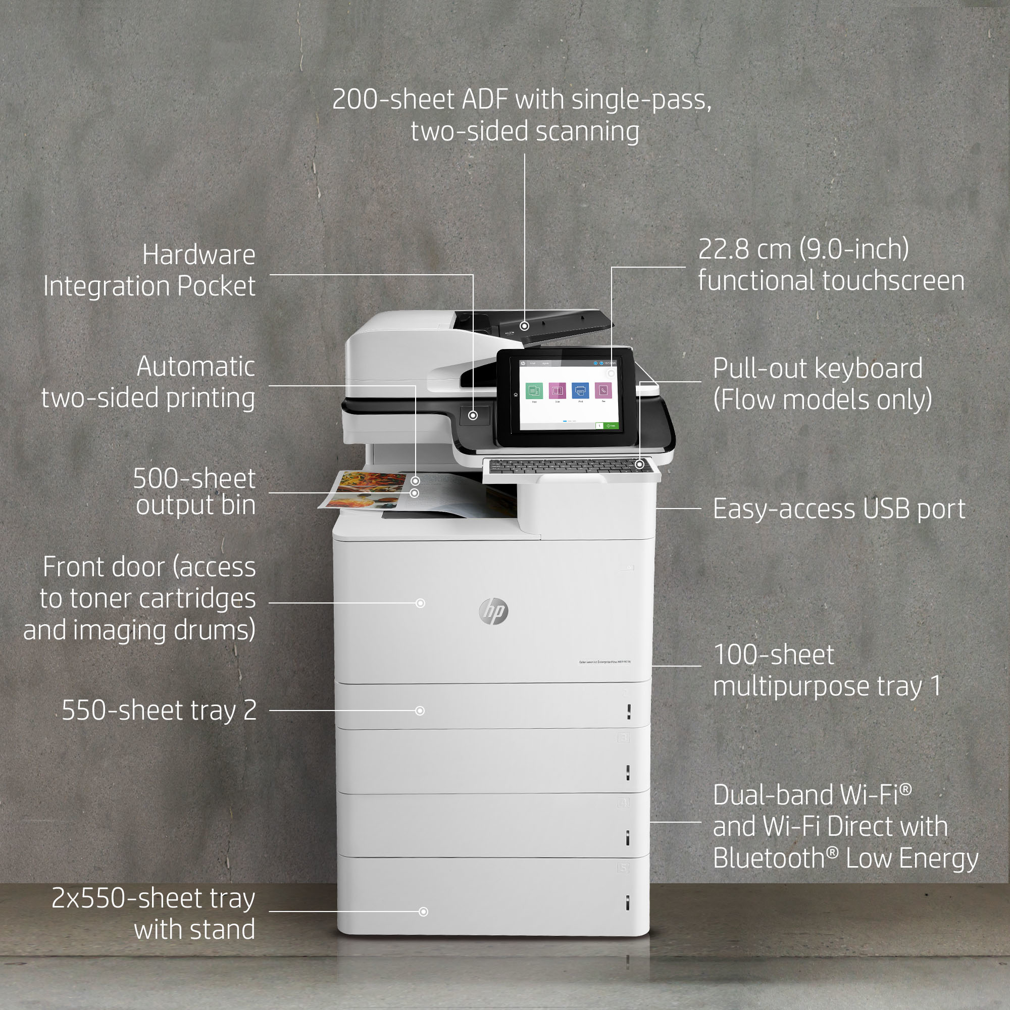 HP Color LaserJet Enterprise Flow MFP M776z, Print, copy, scan and fax, Front-facing USB ...